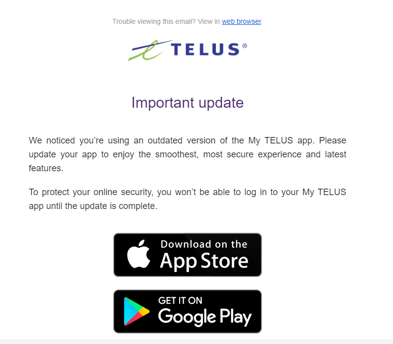 Received email to update MY TELUS app | TELUS Neighbourhood