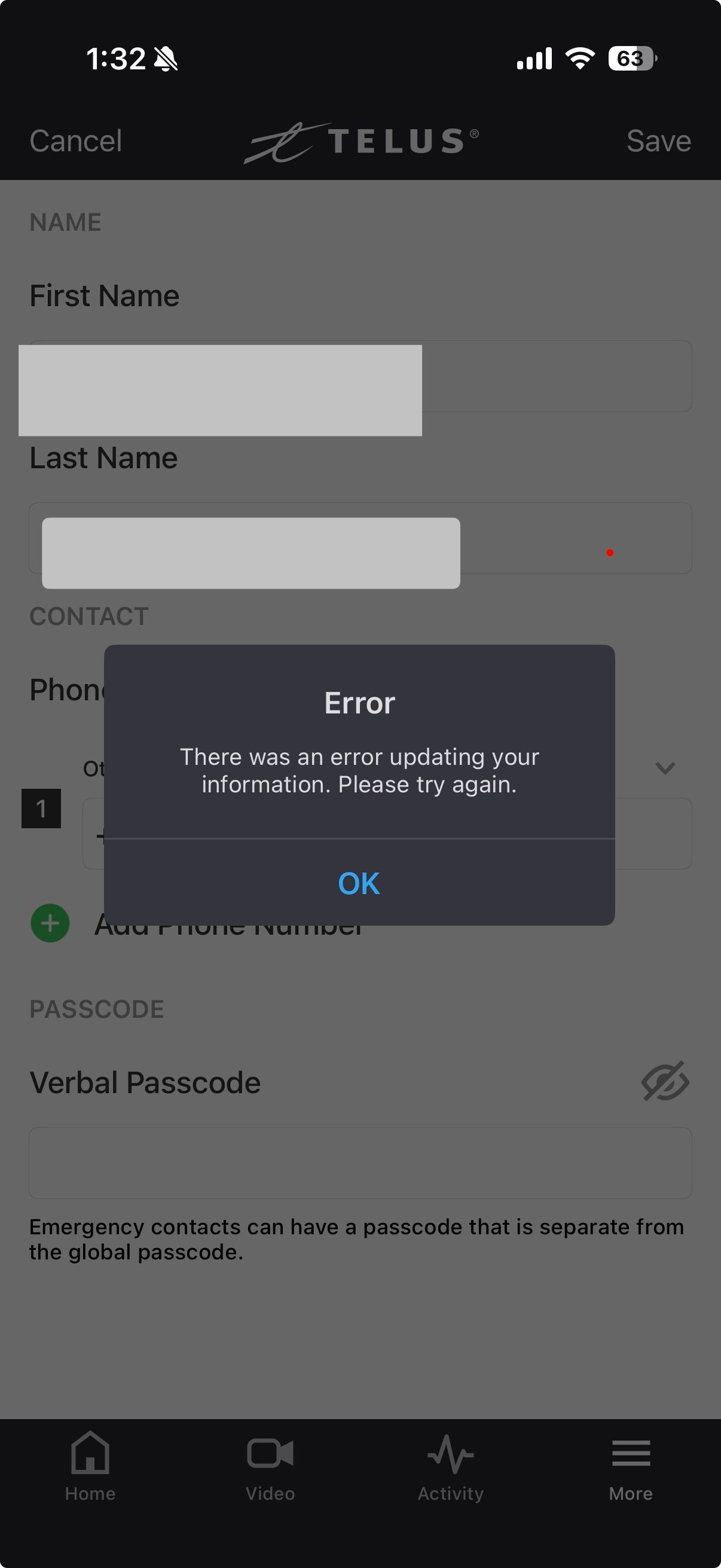 Error adding new emergency contact | TELUS Neighbourhood
